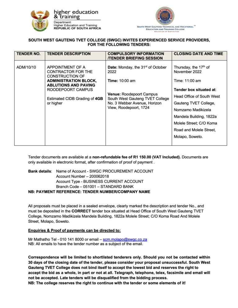 Tenders – South West Gauteng TVET College